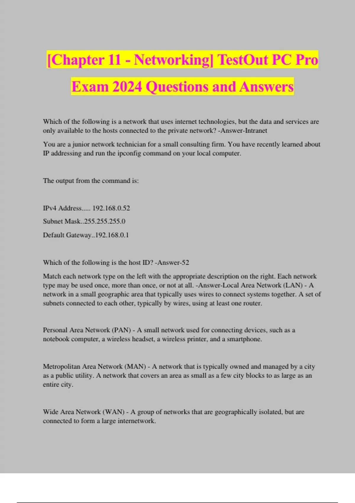 [Chapter 11 - Networking] TestOut PC Pro Exam 2024 Questions and ...