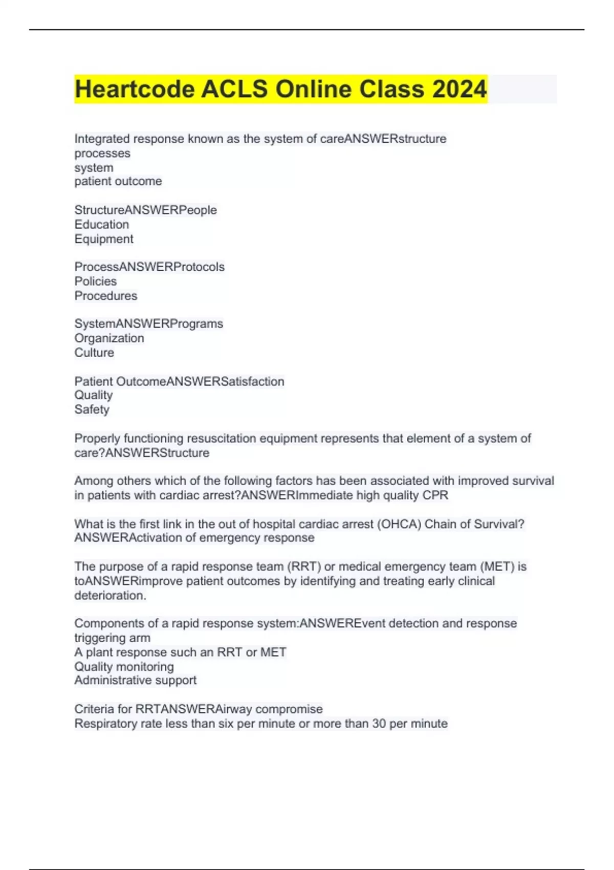 Heartcode ACLS Online Class 2024 - ACLS - Stuvia US