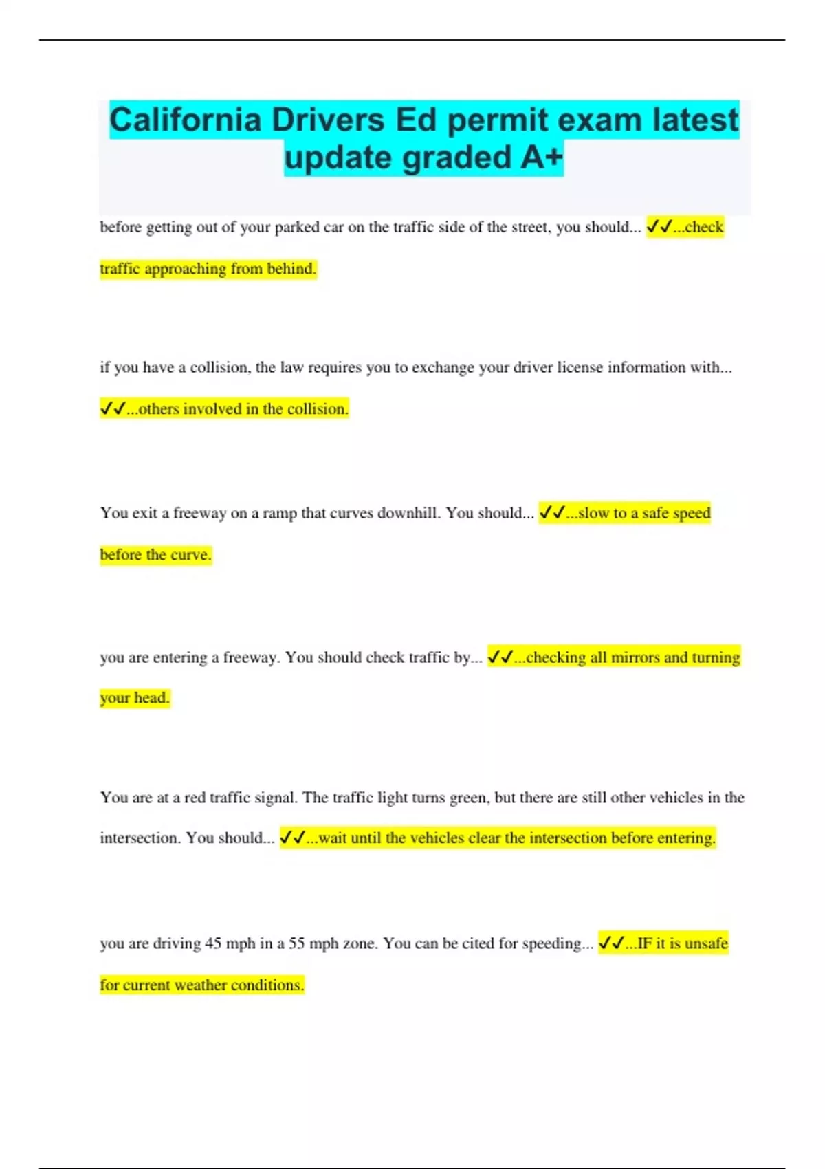 California Drivers Ed permit exam latest update graded A+ - California ...