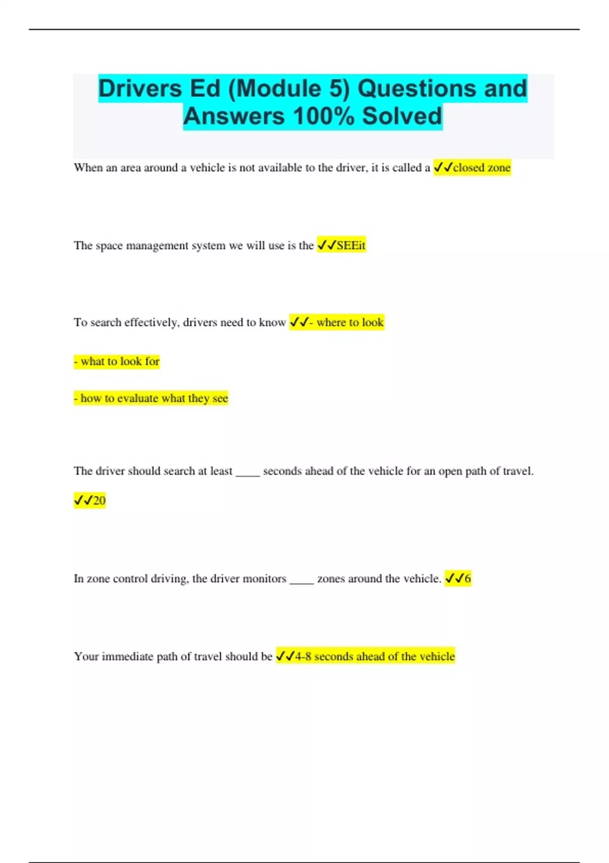 Drivers Ed (Module 5) Questions and Answers 100% Solved - Drivers Ed - Stuvia US