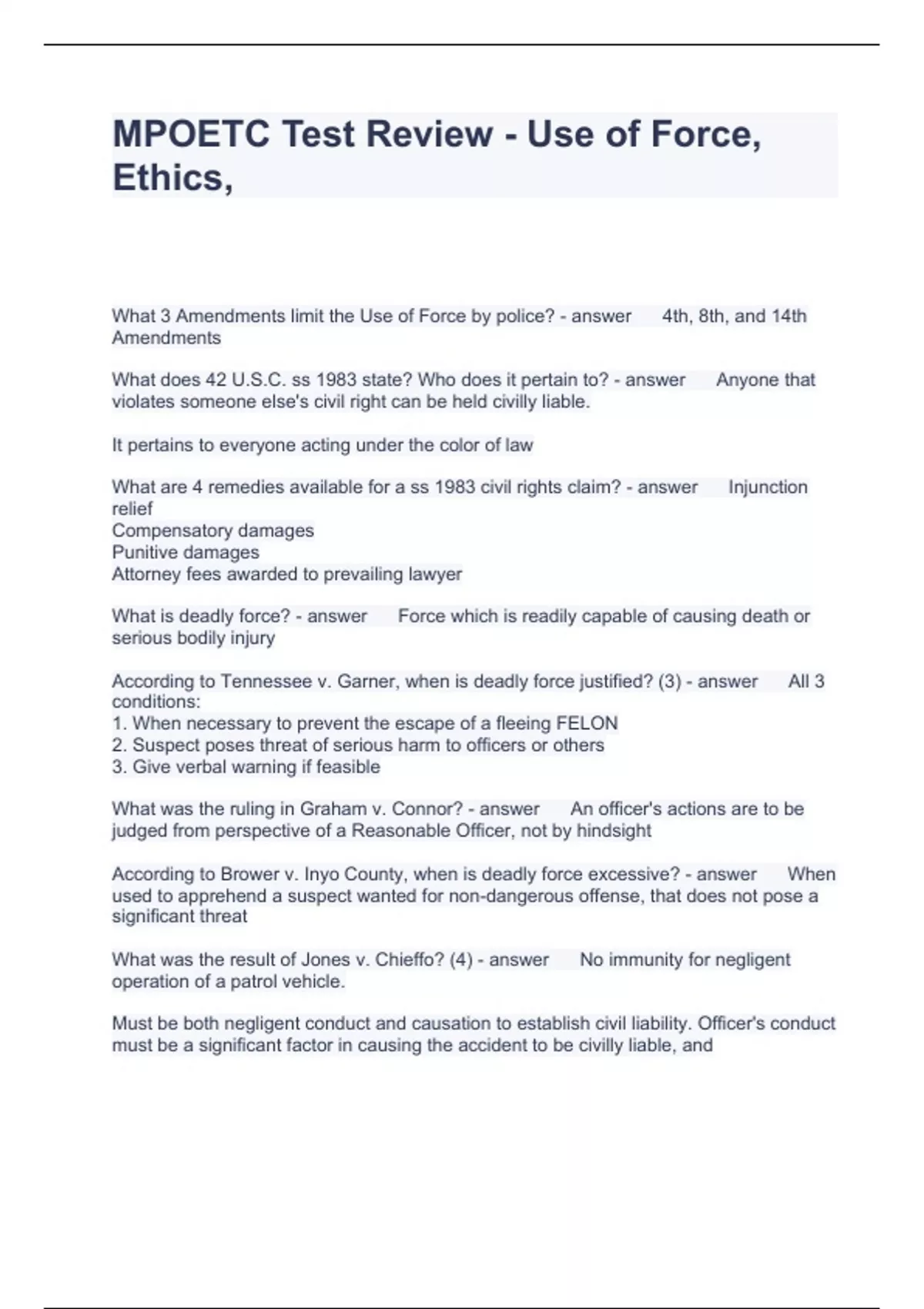 MPOETC Test Review - Use of Force, Ethics Questions with solutions 2024 ...