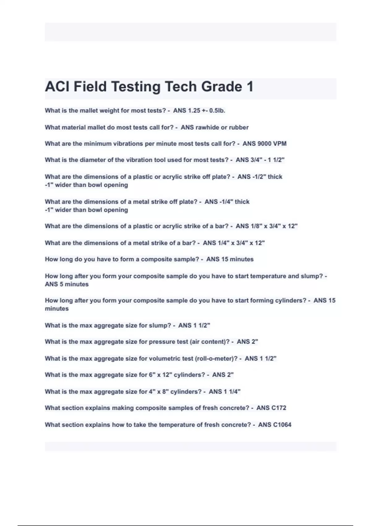 ACI Field Testing Tech Grade 1 Exam Questions with 100% correct Answers ...