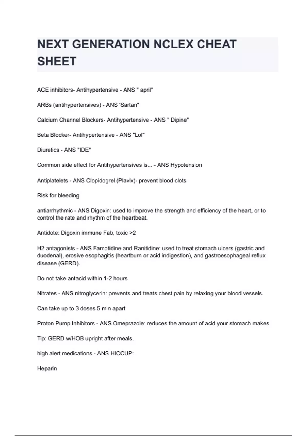 NEXT GENERATION NCLEX CHEAT SHEET Questions & Answers For 2024 Exam ...