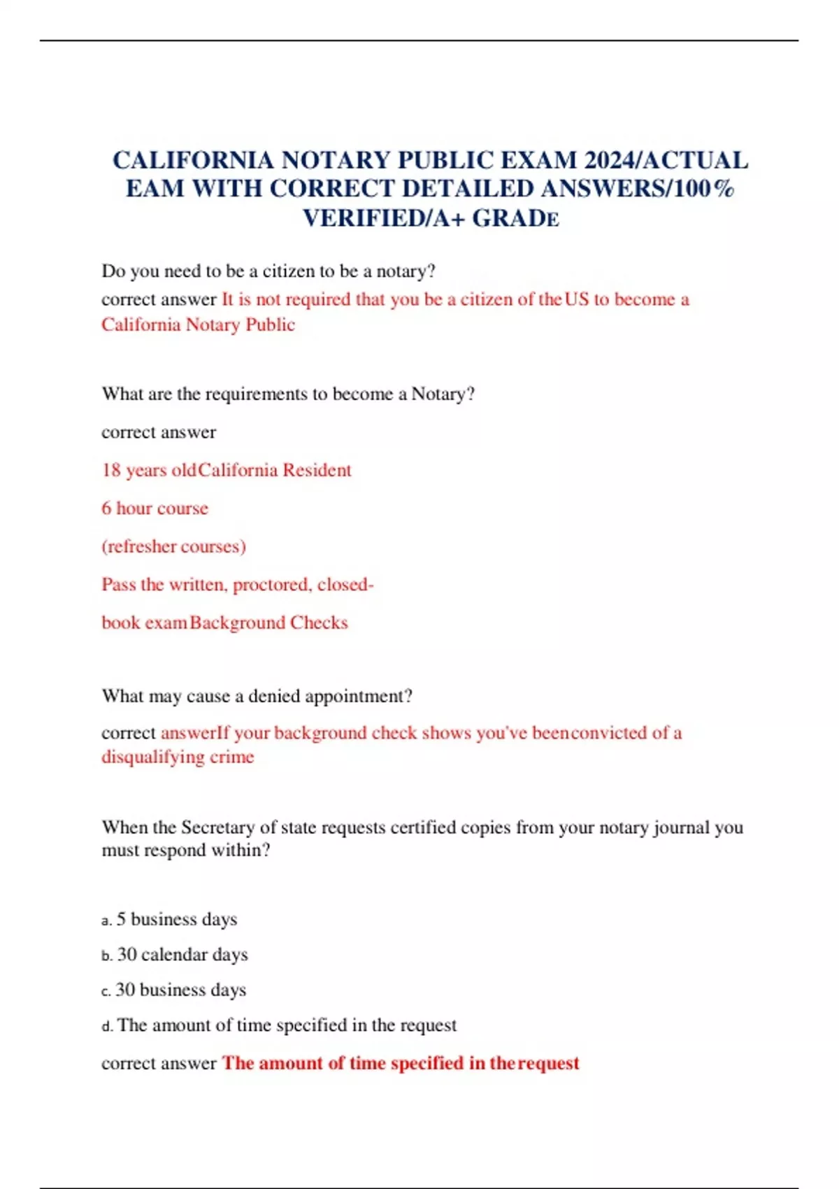 CALIFORNIA NOTARY PUBLIC EXAM 2024/ACTUAL EAM WITH CORRECT DETAILED ...