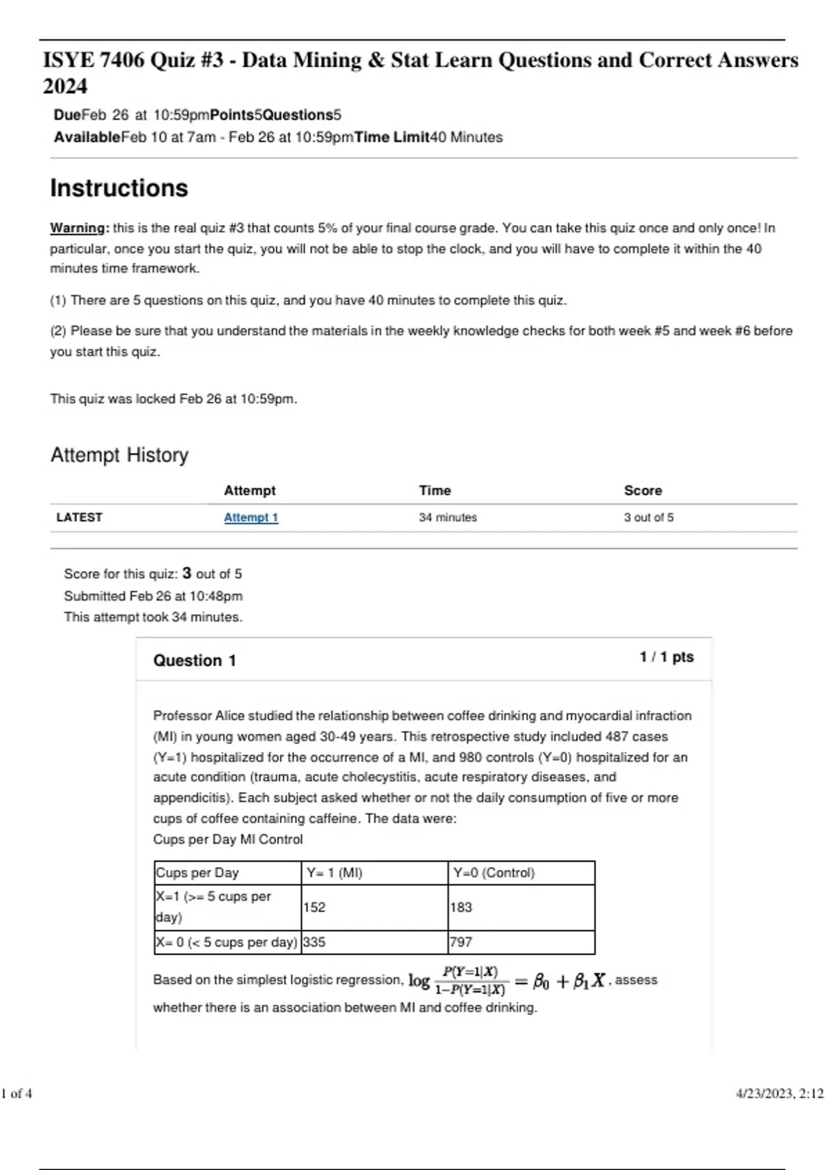 ISYE 7406 Quiz #3 - Data Mining & Stat Learn Questions and Correct ...