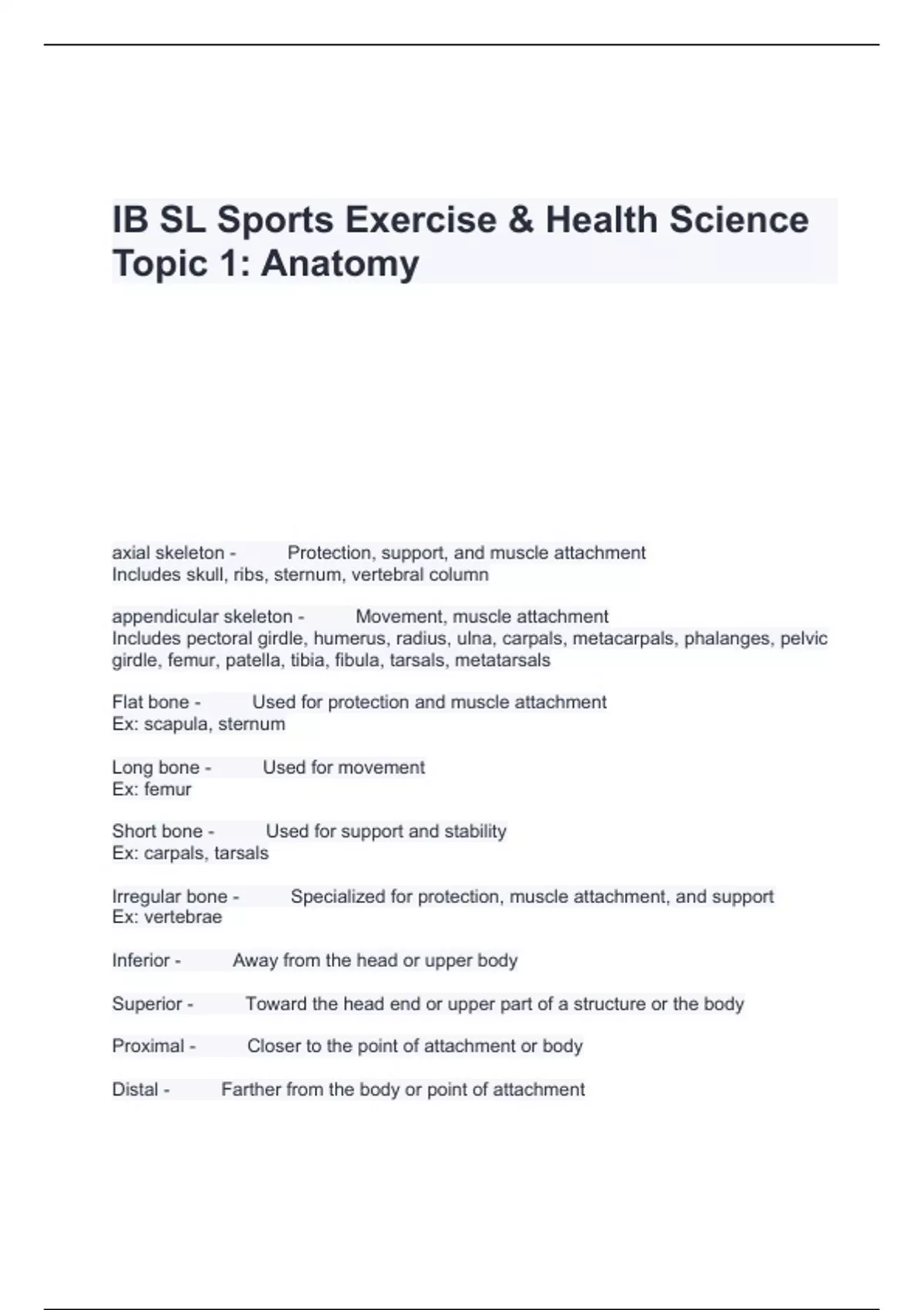 IB SL Sports Exercise & Health Science Topic 1: Anatomy - Health ...