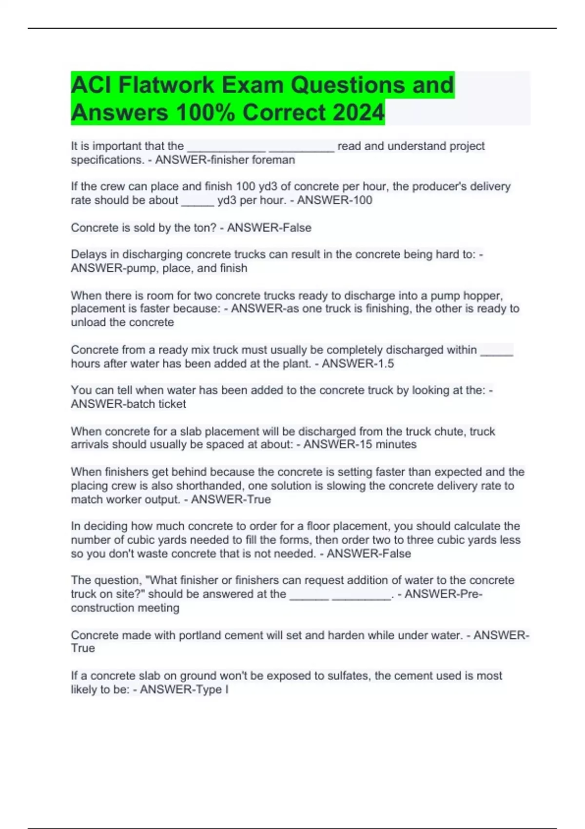 ACI Flatwork Exam Questions and Answers 100% Correct 2024 - ACI ...