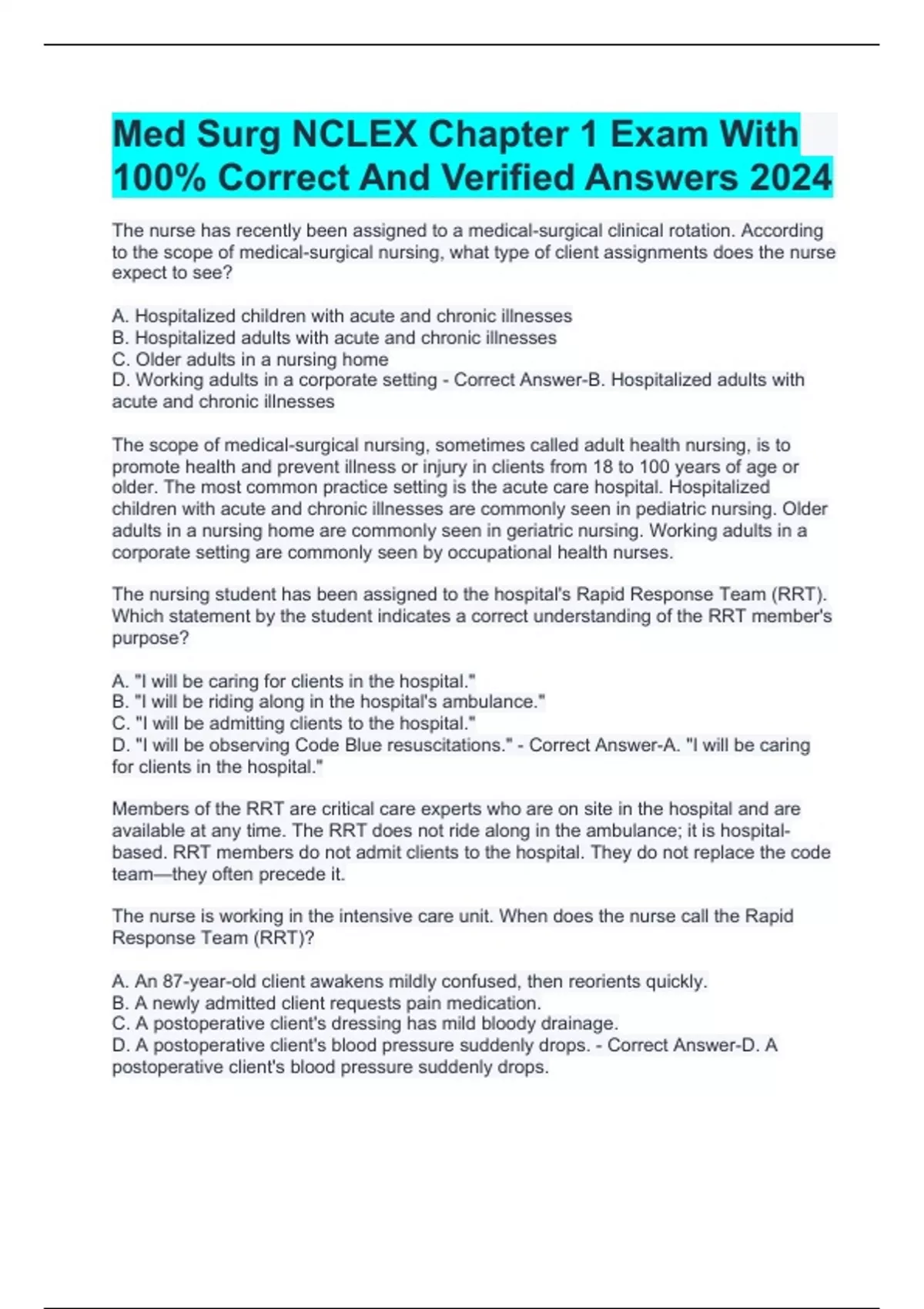 Med Surg NCLEX Chapter 1 Exam With 100% Correct And Verified Answers ...