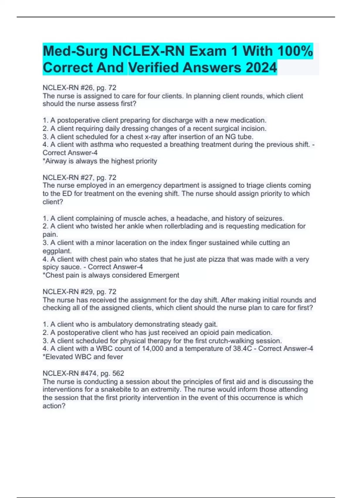 Med-Surg NCLEX-RN Exam 1 With 100% Correct And Verified Answers 2024 ...