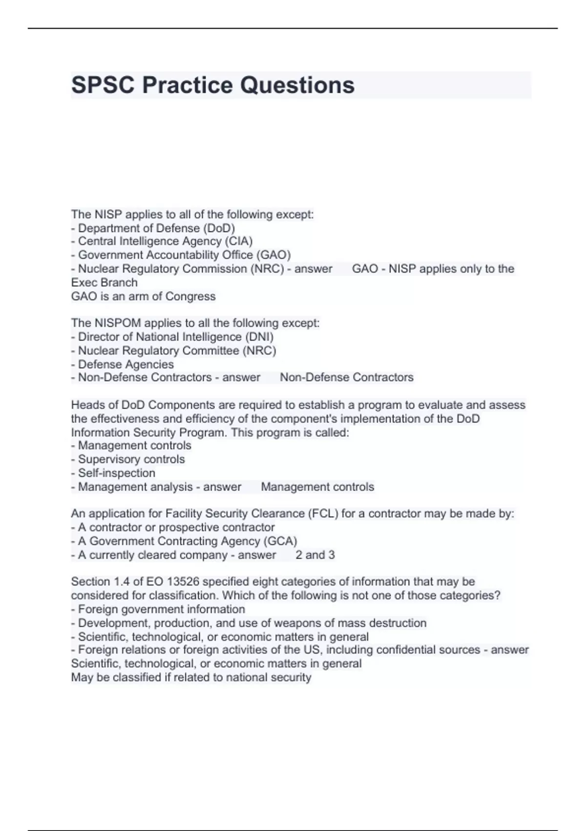 SPSC Practice Questions with correct Answers 2024 - DAWIA - Stuvia US