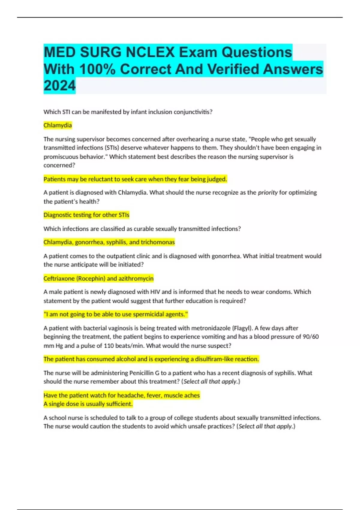 MED SURG NCLEX Exam Questions With 100% Correct And Verified Answers ...