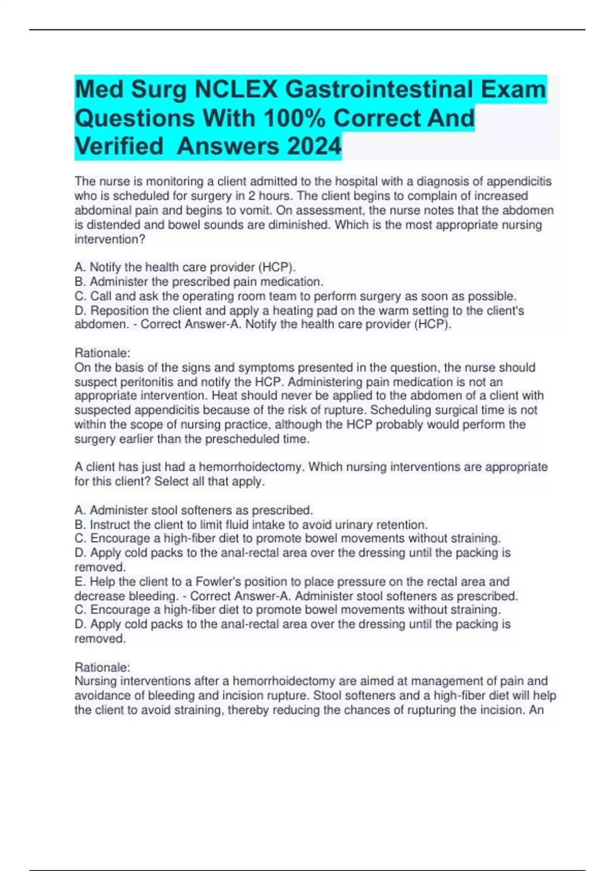 Med Surg NCLEX Gastrointestinal Exam Questions With 100% Correct And ...