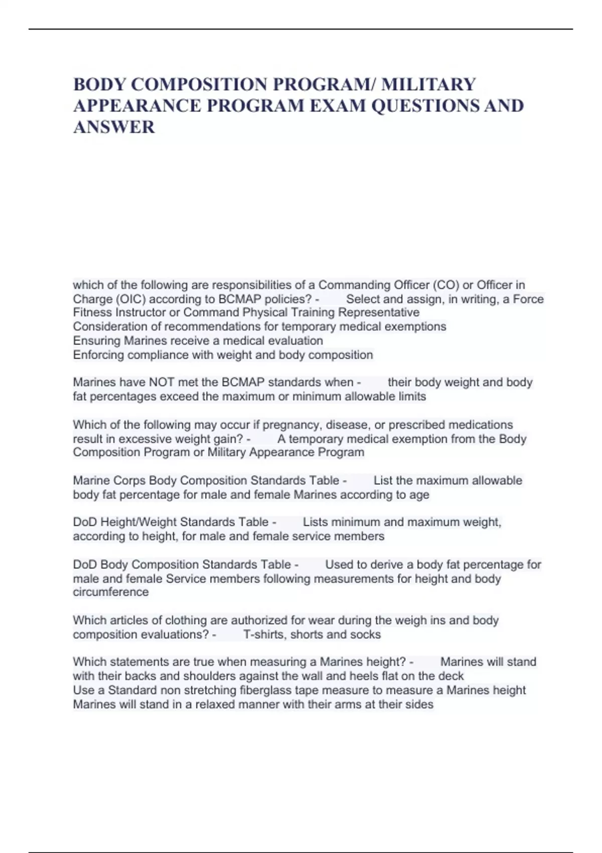 Body Composition Program Military Appearance Program Questions With