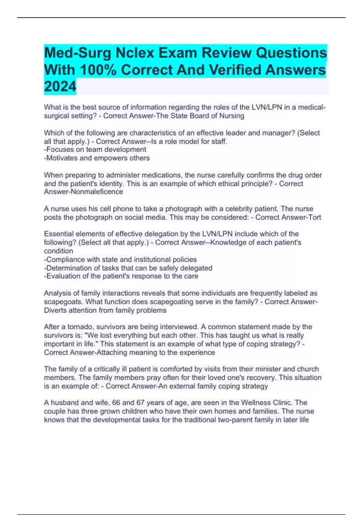 Med Surg Nclex Exam Review Questions With 100 Correct And Verified