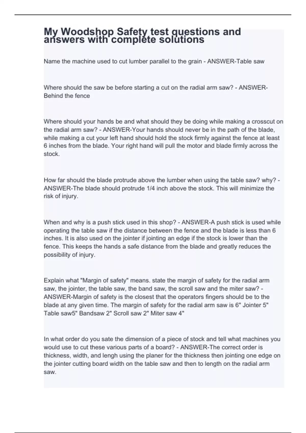 My Woodshop Safety test questions and answers with complete solutions ...