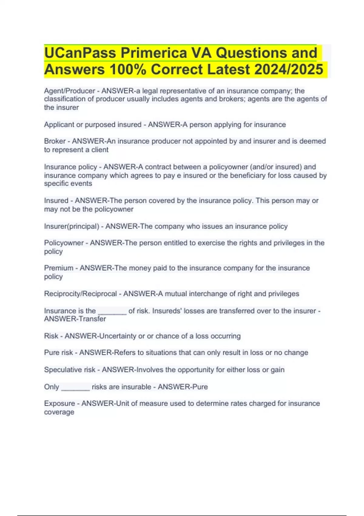 UCanPass Primerica VA Questions and Answers 100% Correct Latest 2024/ ...