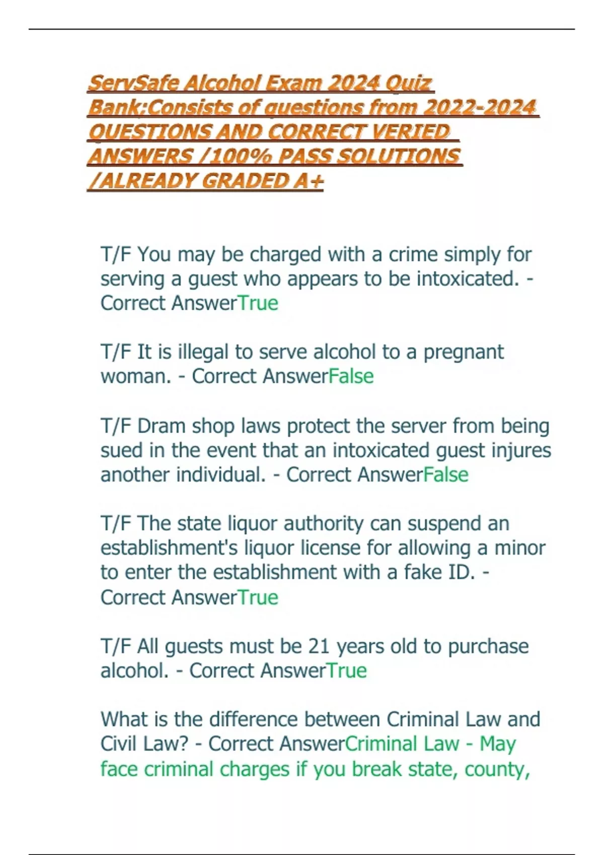 ServSafe Alcohol Exam 2024 Quiz Bank Consists Of Questions From