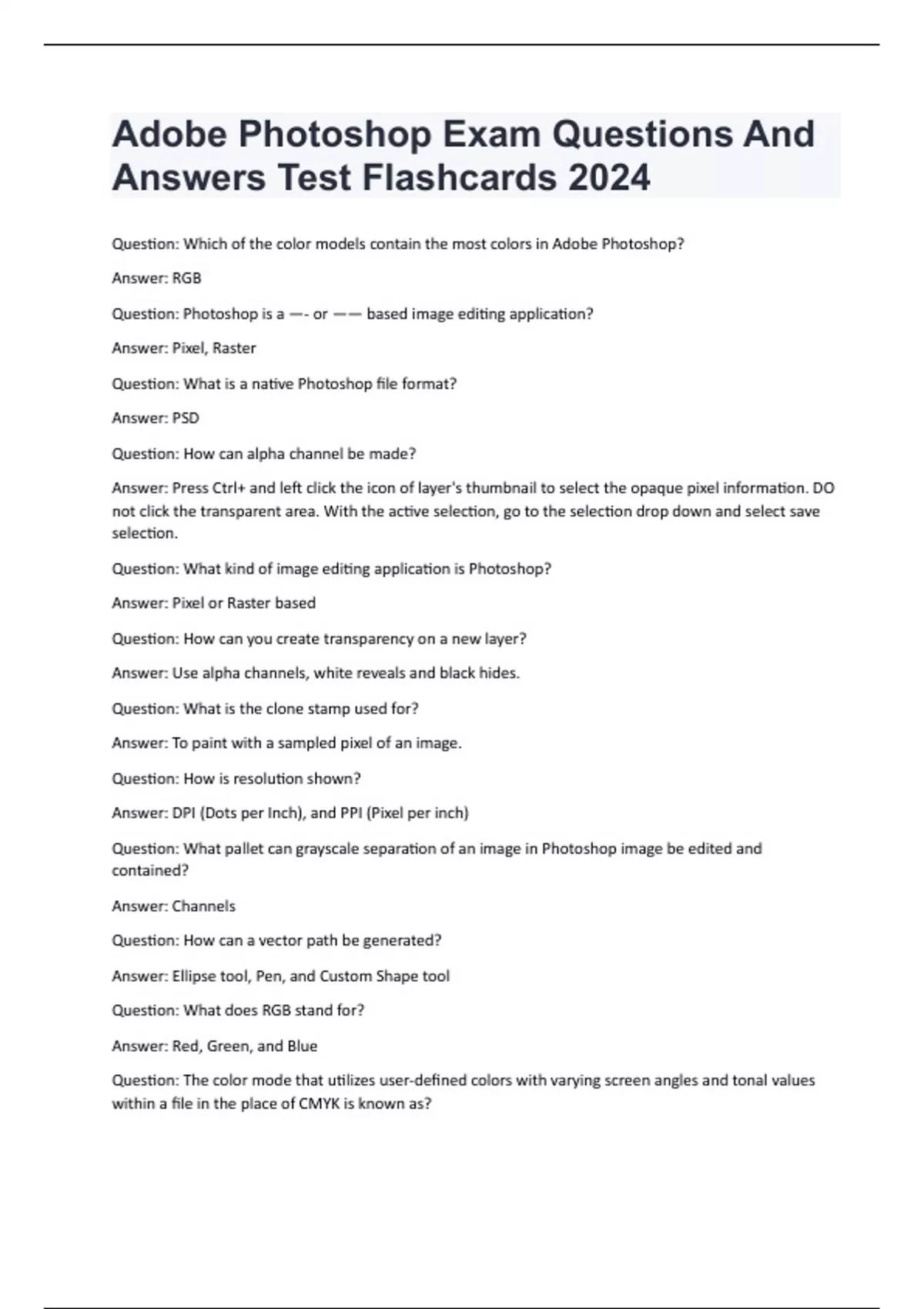 Adobe Photoshop Exam Questions And Answers Test Flashcards 2024 - Adobe ...