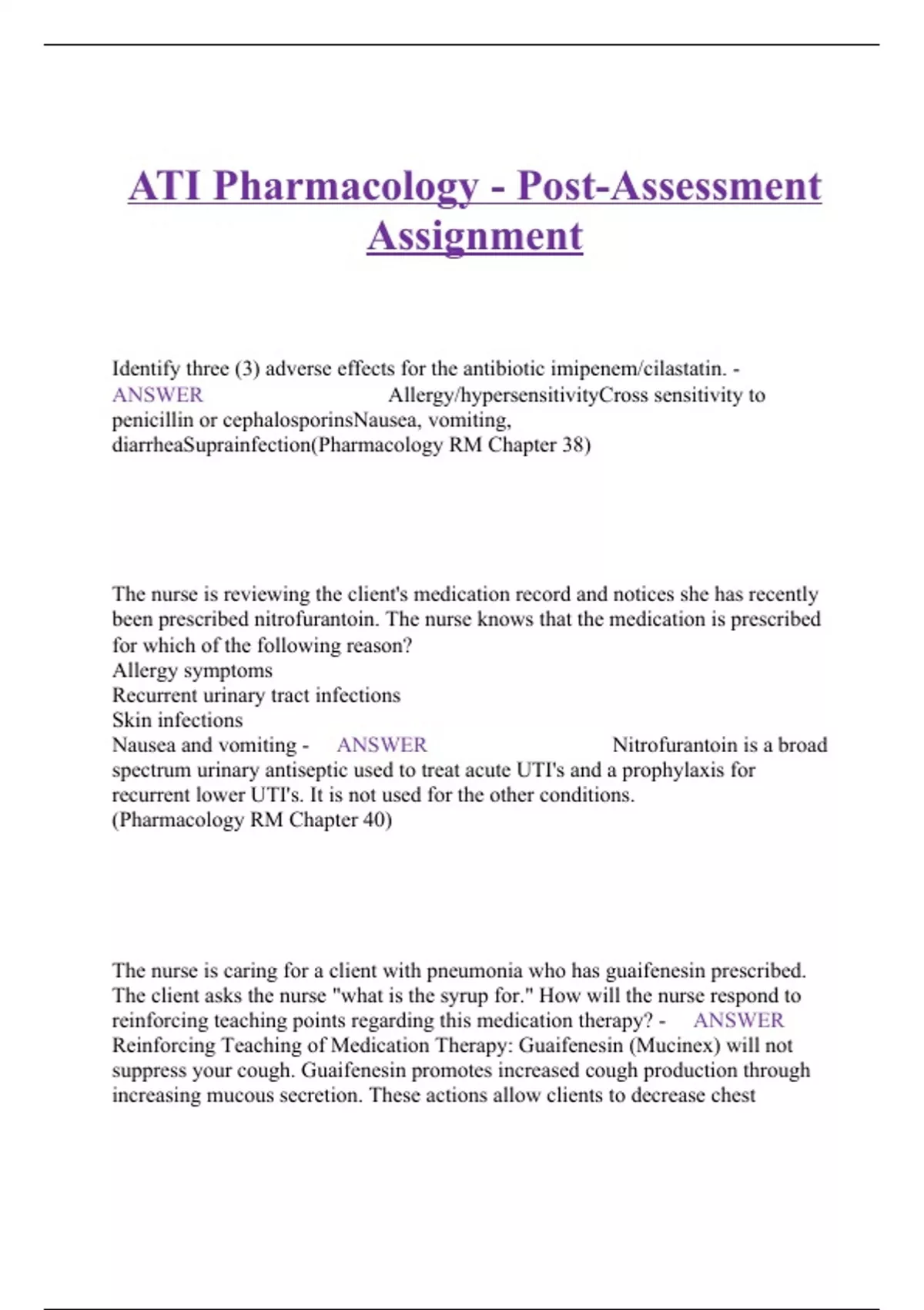 ATI Pharmacology - Post-Assessment Assignment - ATI Pharmacology ...