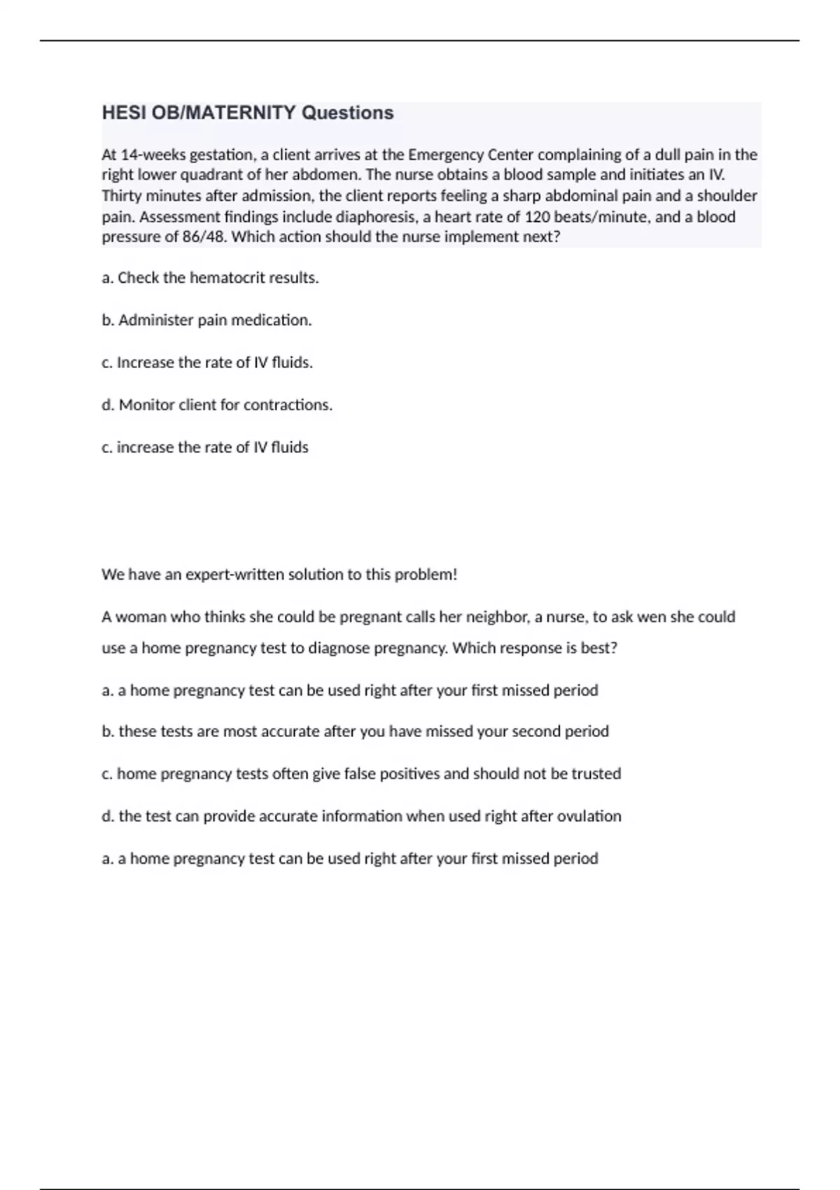 HESI OB MATERNITY WITH ACTUAL QUESTIONS AND ANSWERS 2025 - HESI OB ...