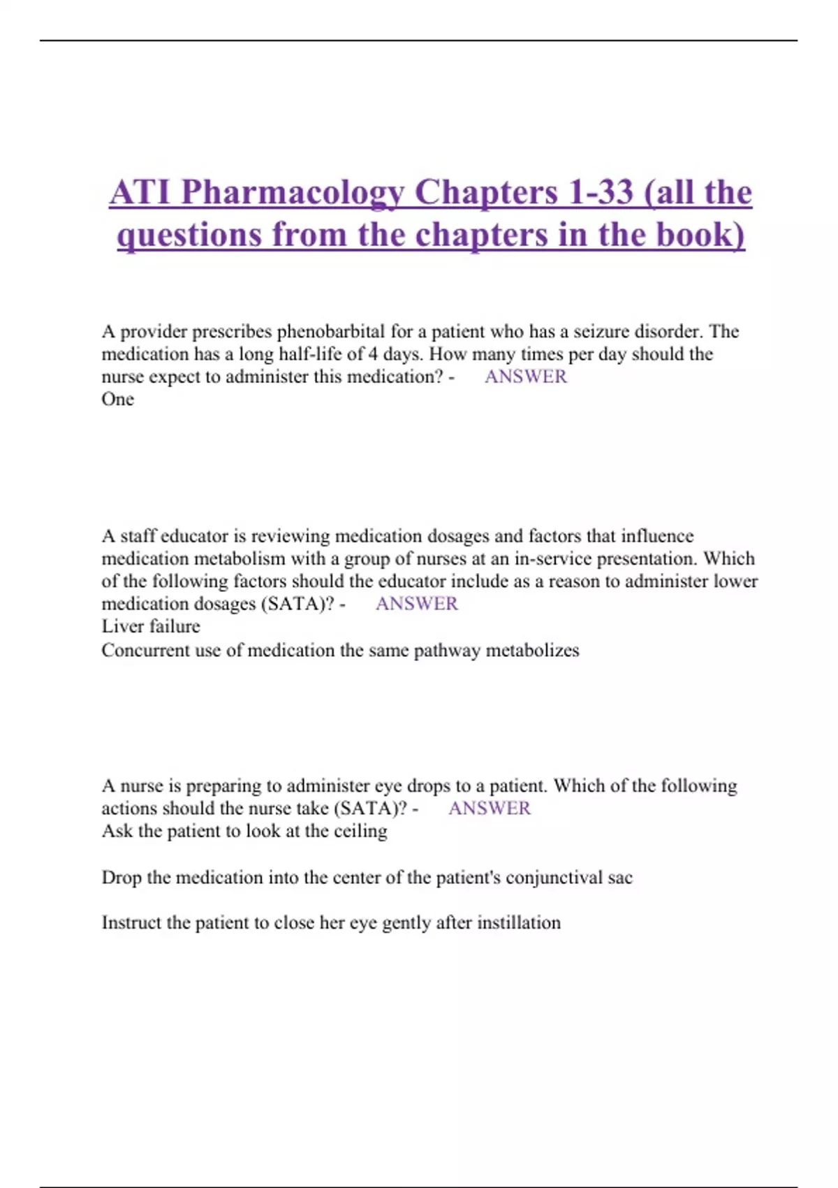 ATI Pharmacology Chapters 1-33 (all the questions from the chapters in ...
