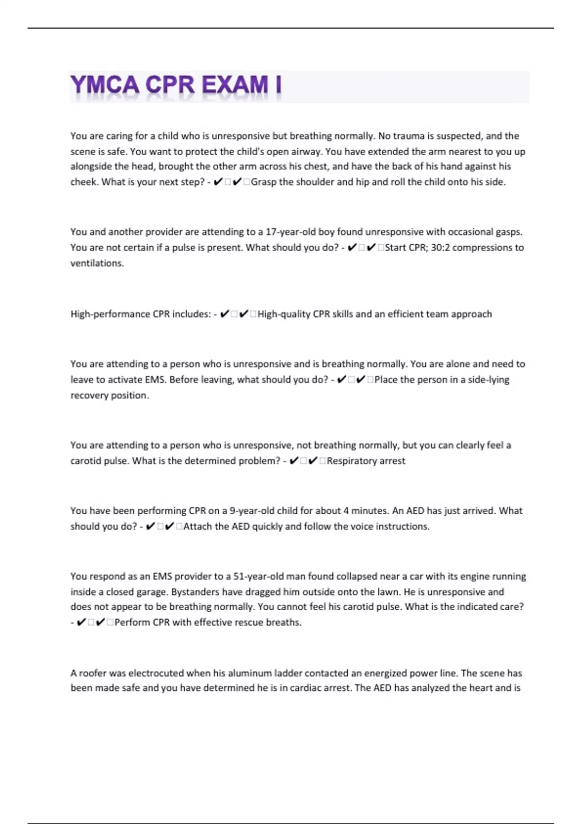 YMCA CPR Exam I Questions with 100% Correct Answers | Verified ...