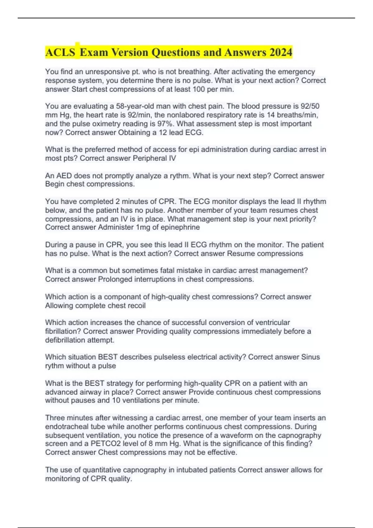 ACLS Exam Version Questions and Answers 2024 - Course NURSING MISC ...