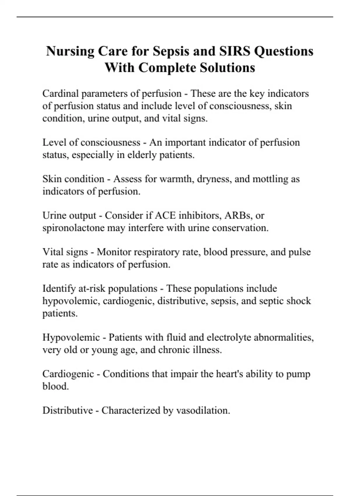 Nursing Care for Sepsis and SIRS Questions With Complete Solutions ...