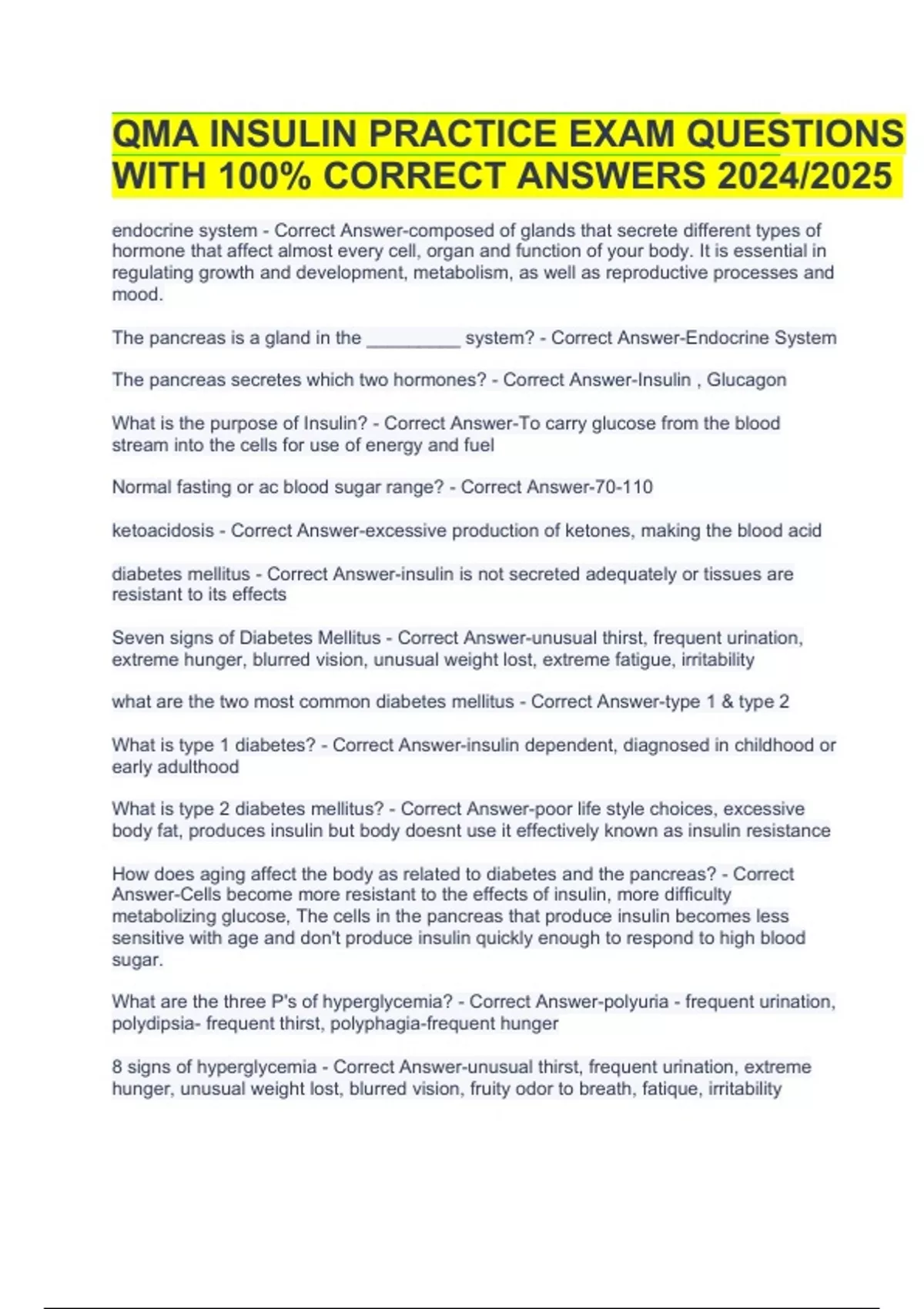 QMA INSULIN Administartion EXAM PRACTICE QUESTIONS WITH 100% CORRECT ...