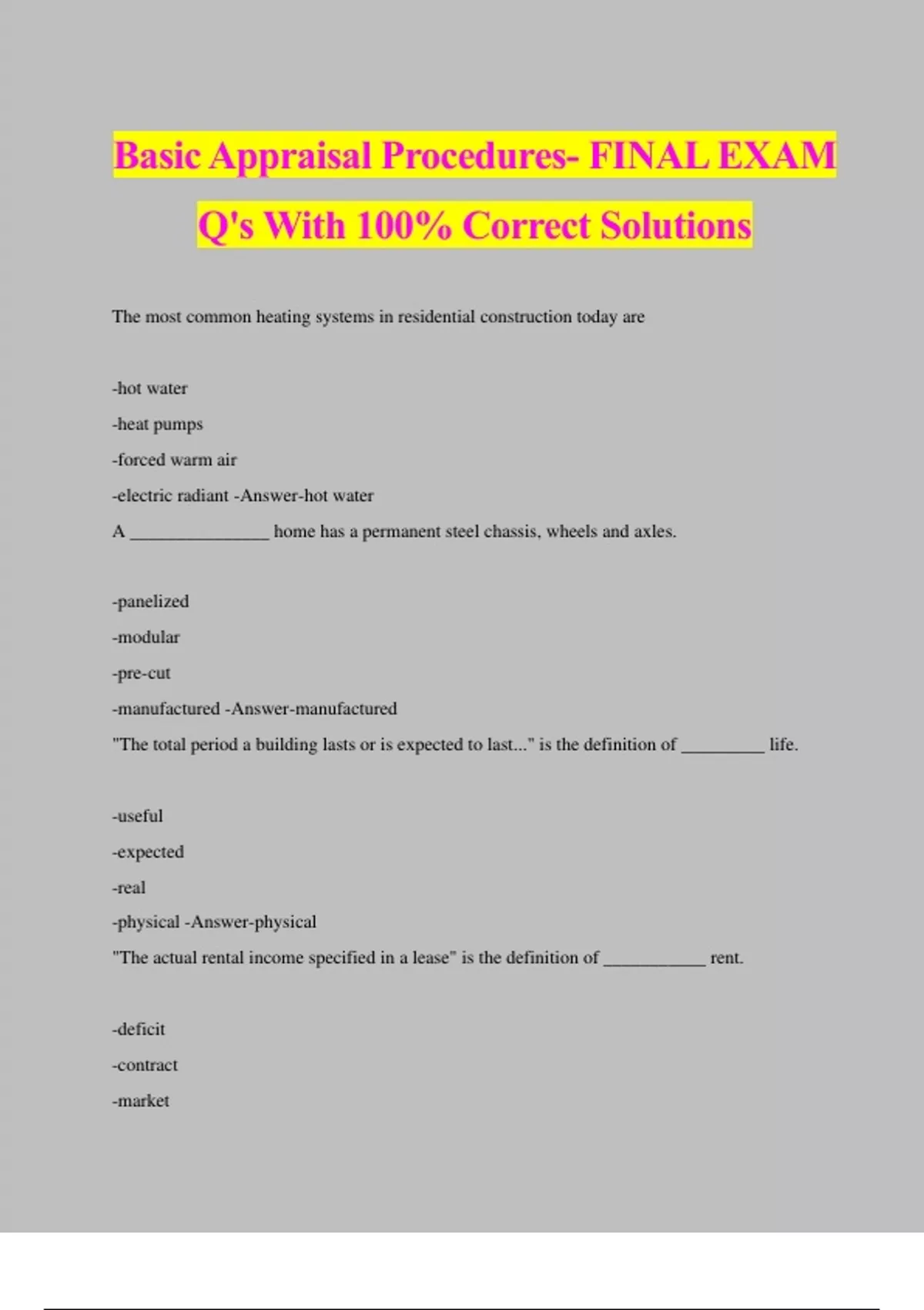 Basic Appraisal Procedures- FINAL EXAM Q's With 100% Correct Solutions - Basic Appraisal ...