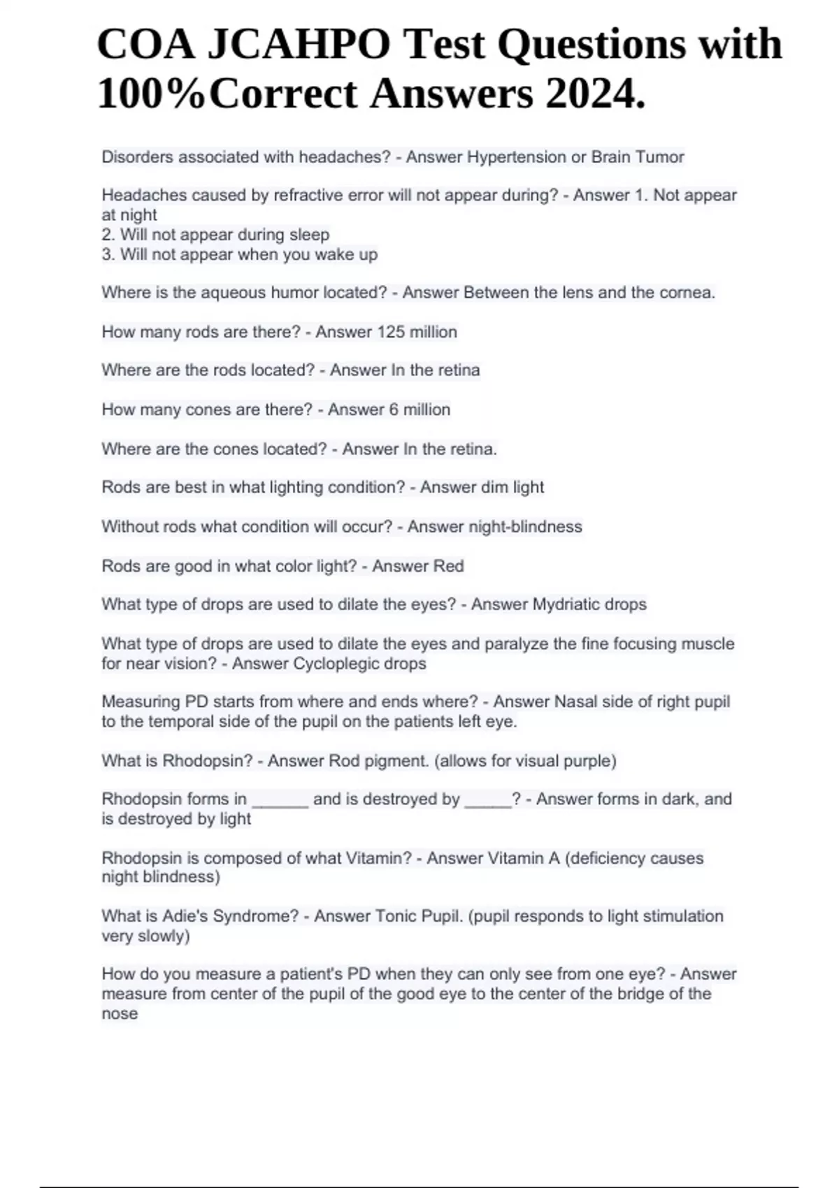 COA JCAHPO Test Questions with 100%Correct Answers 2024. - COA JCAHPO ...