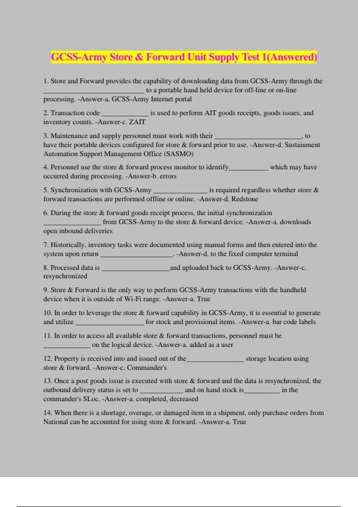 Gcss Army Store And Forward Unit Supply Test 1 Answered Gcss Army Stuvia Us