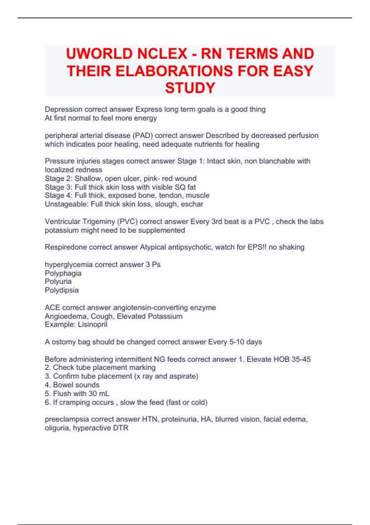 UWorld NCLEX - RN terms and their elaborations for easy study - NCLEX-RN - Stuvia US