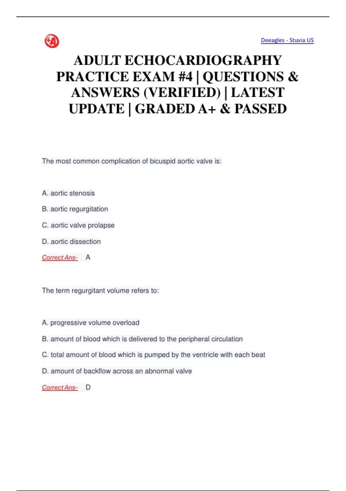 ADULT ECHOCARDIOGRAPHY PRACTICE EXAM #4 | QUESTIONS & ANSWERS (VERIFIED ...