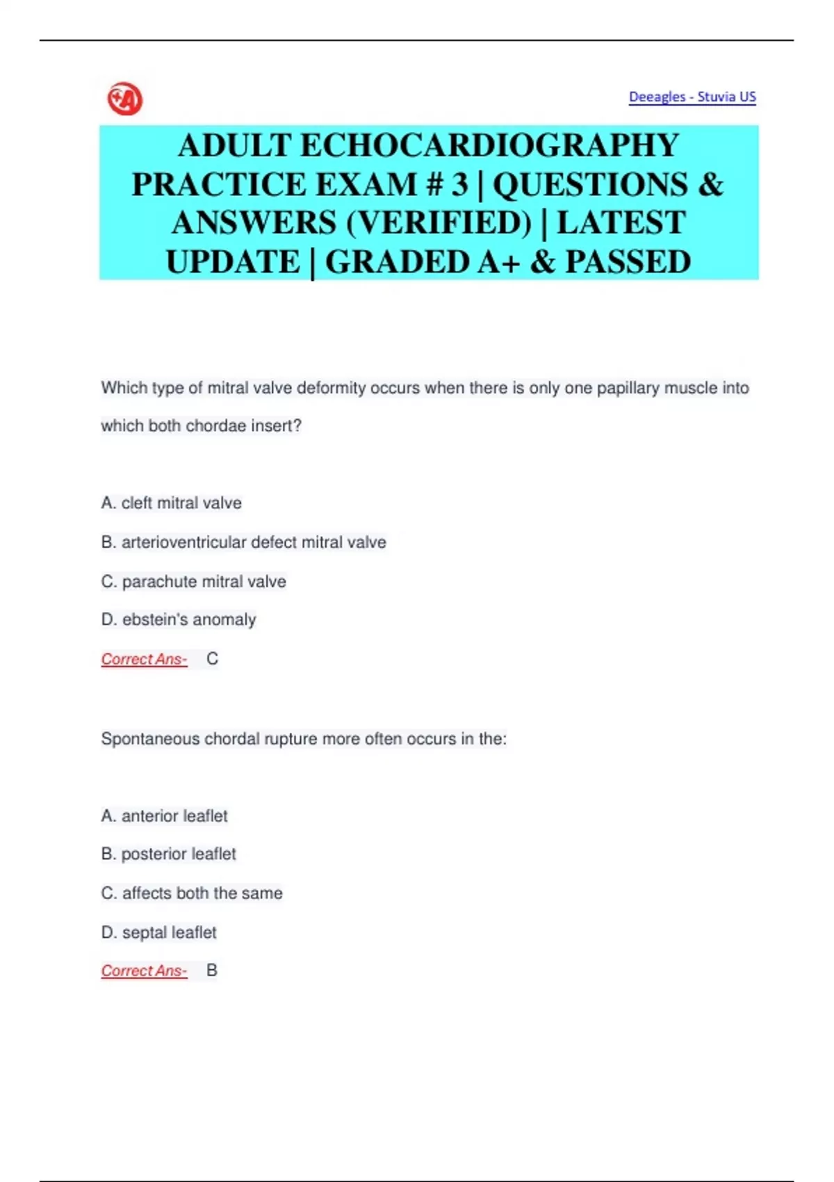 ADULT ECHOCARDIOGRAPHY PRACTICE EXAM # 3 | QUESTIONS & ANSWERS ...