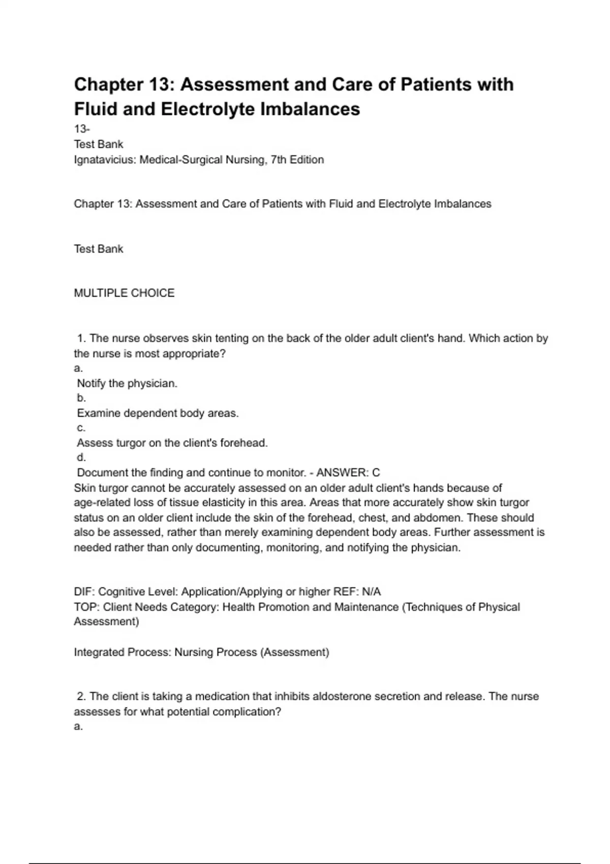 Chapter 13: Assessment and Care of Patients with Fluid and Electrolyte ...