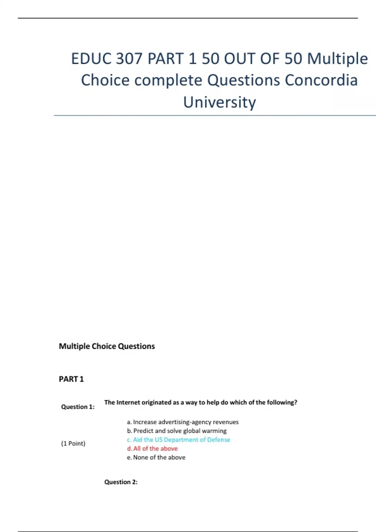EDUC 307 PART 1 50 OUT OF 50 Multiple Choice complete Questions ...