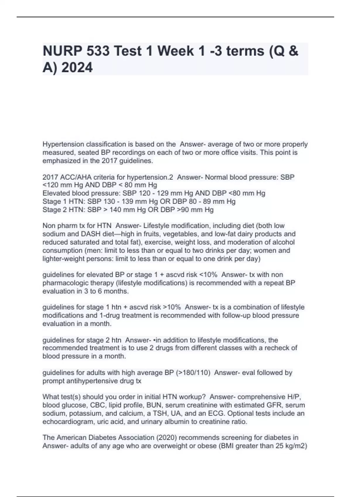 NURP 533 Test 1 Week 1 -3 terms (Q & A) 2024 - NURP 533 - Stuvia US