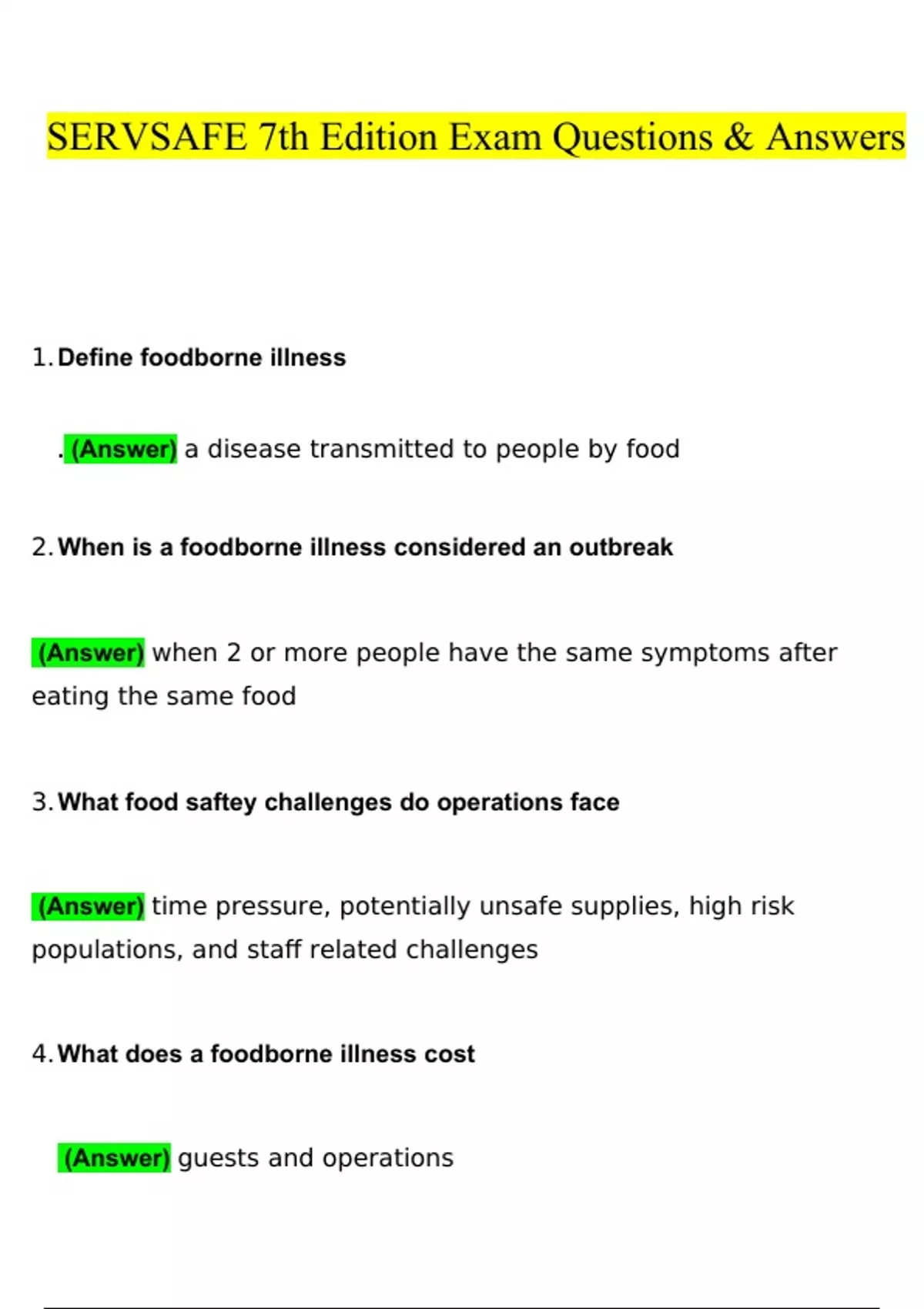 SERVSAFE 7th Edition Exam Questions and Answers Updated (2024/2025 ...