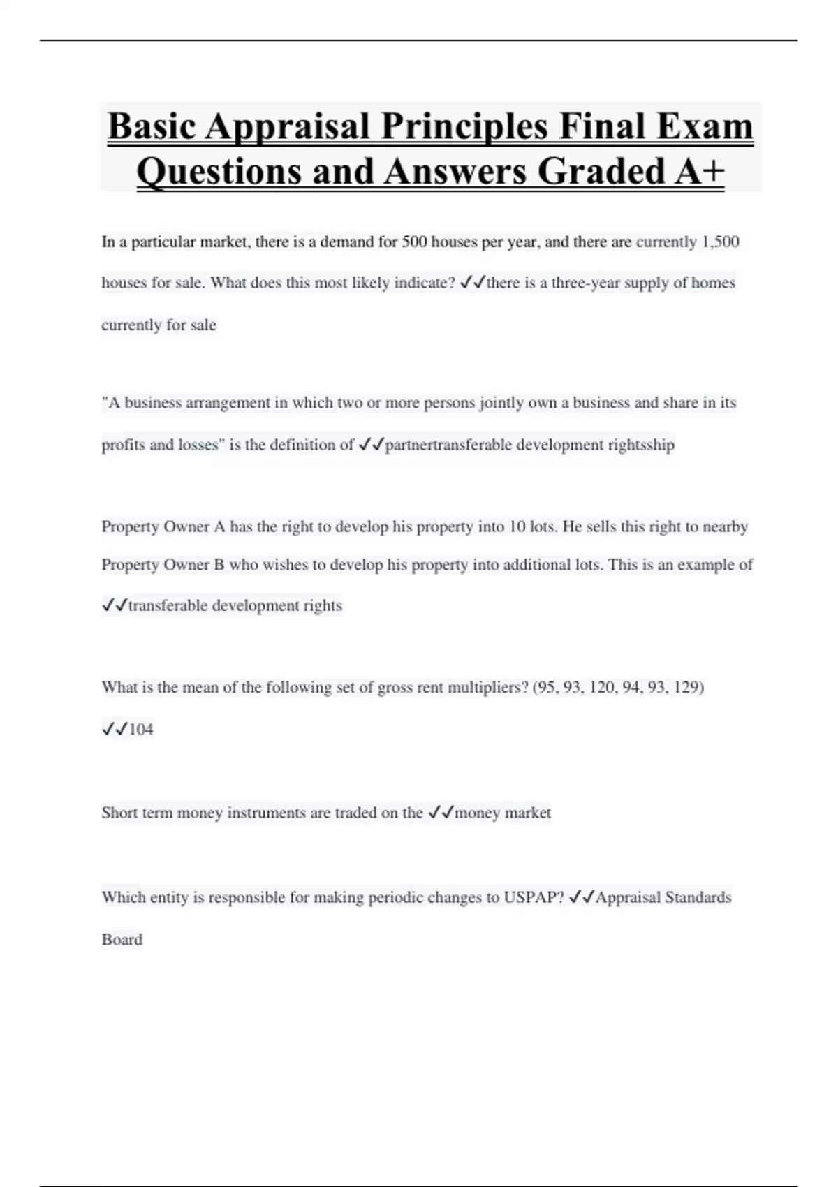 Basic Appraisal Procedures BUNDLED Exams with Complete Solutions 2024 - Stuvia US