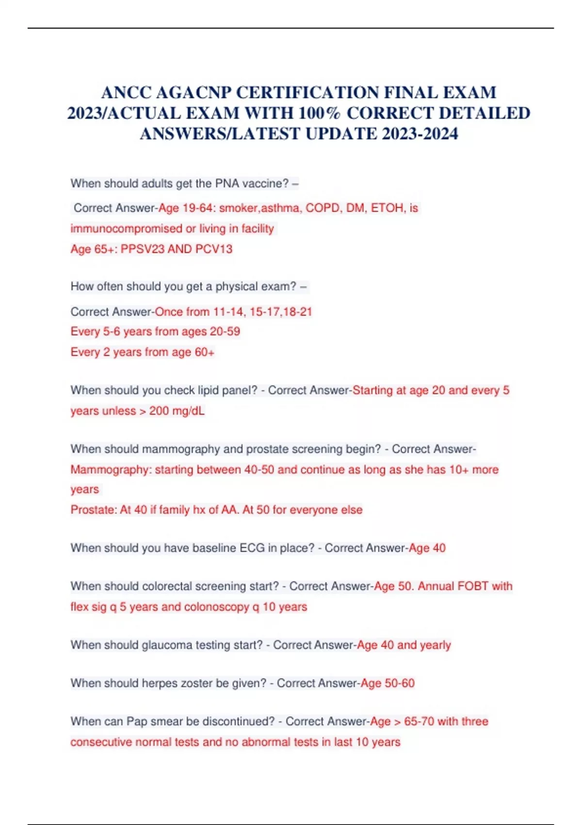 ANCC AGACNP CERTIFICATION FINAL EXAM 2023/ACTUAL EXAM WITH 100% CORRECT ...