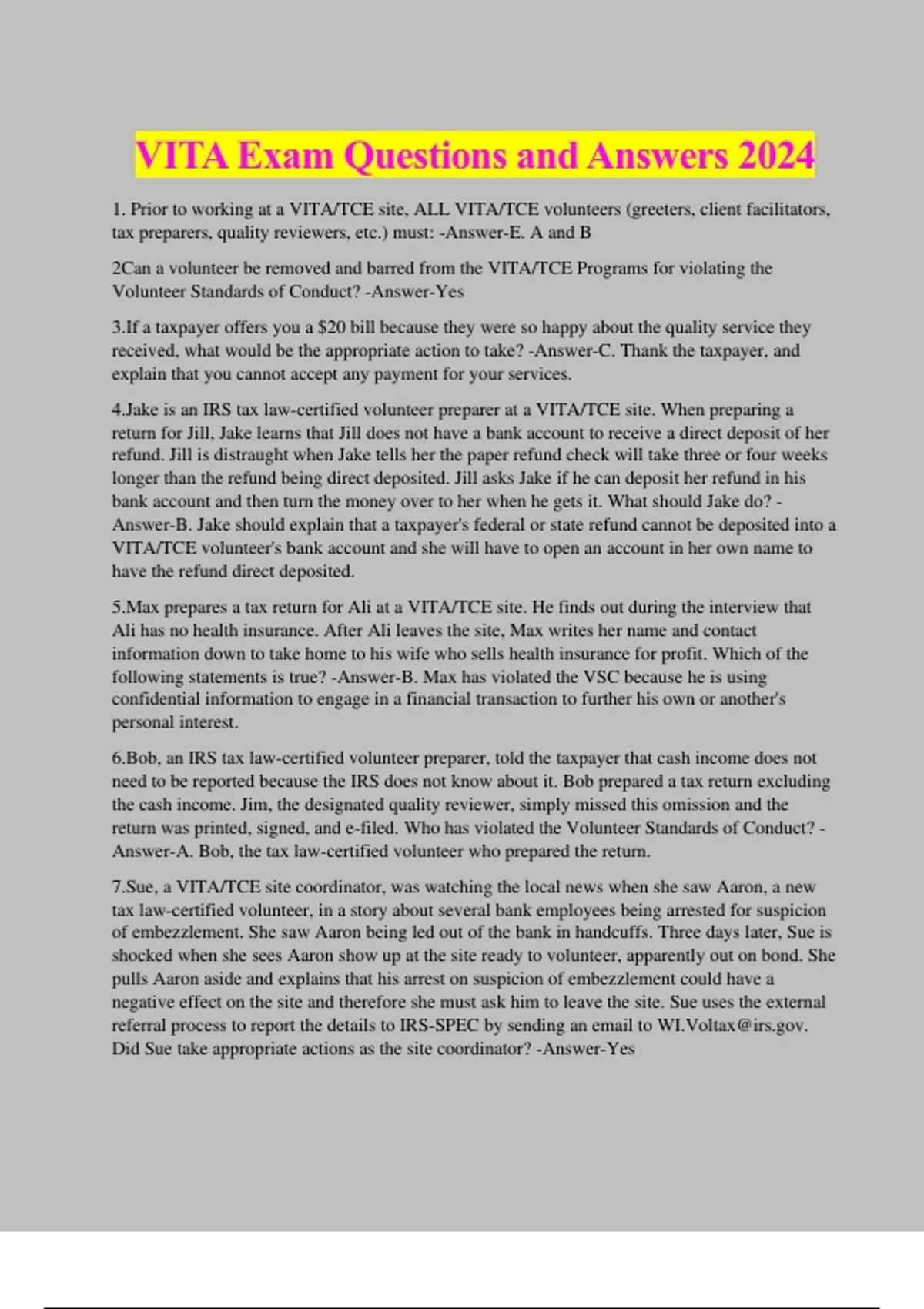 VITA Exam Questions and Answers 2024 - VITA - Stuvia US