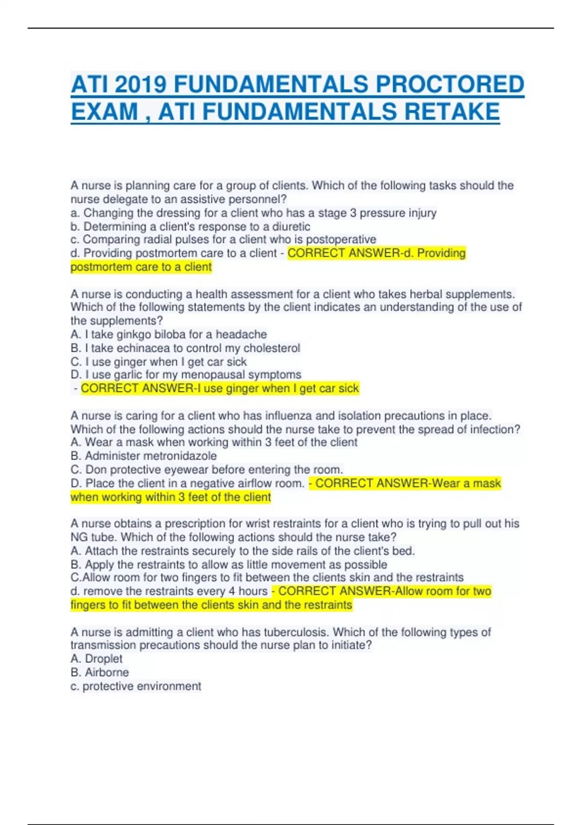 ATI 2019 FUNDAMENTALS PROCTORED EXAM , ATI FUNDAMENTALS RETAKE - ATI 2019 - Stuvia UK