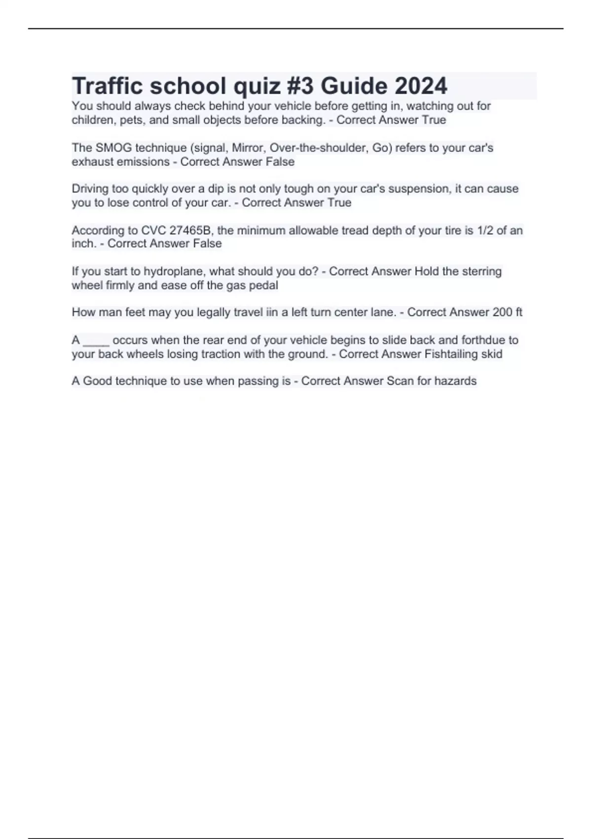 Traffic school quiz #3 Guide 2024 - Traffic school - Stuvia US