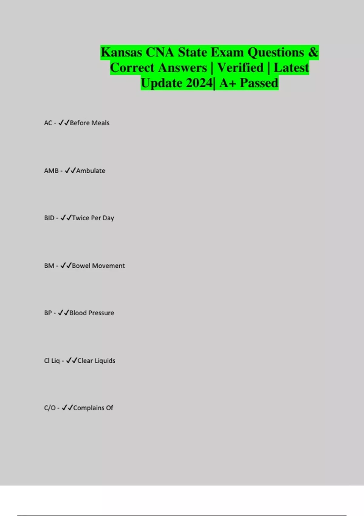 Kansas CNA State Exam Questions & Correct Answers | Verified | Latest ...