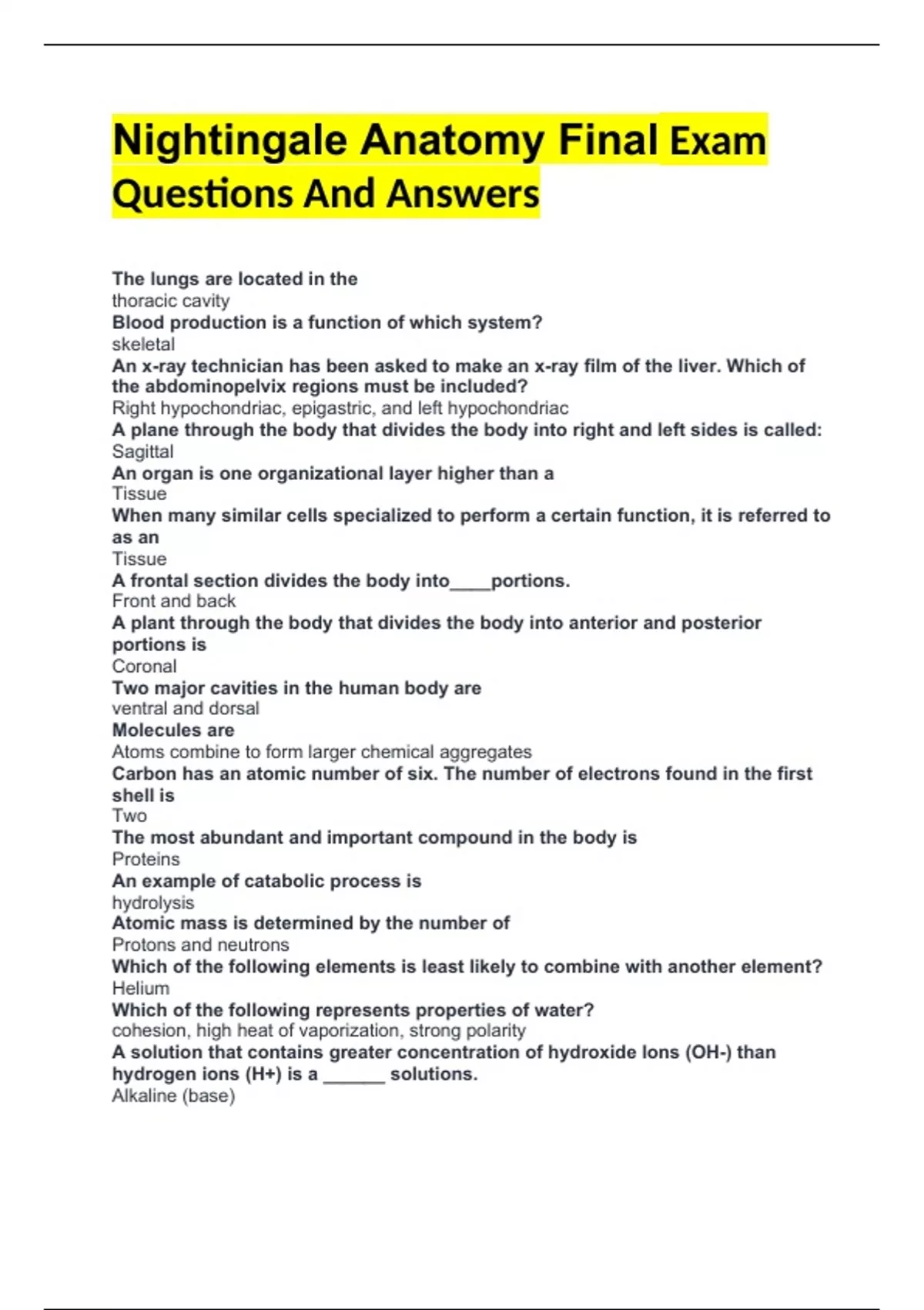 Nightingale Anatomy Final Exam Questions And Answers - Nightingale ...