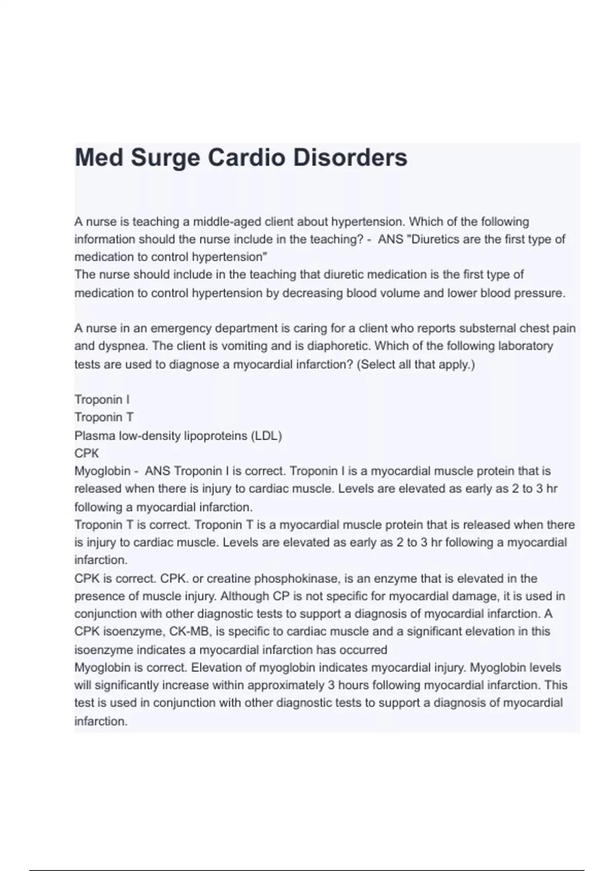 ATI MED SURG RN Med Surge Cardio Disorders Exam Questions and Answers ...