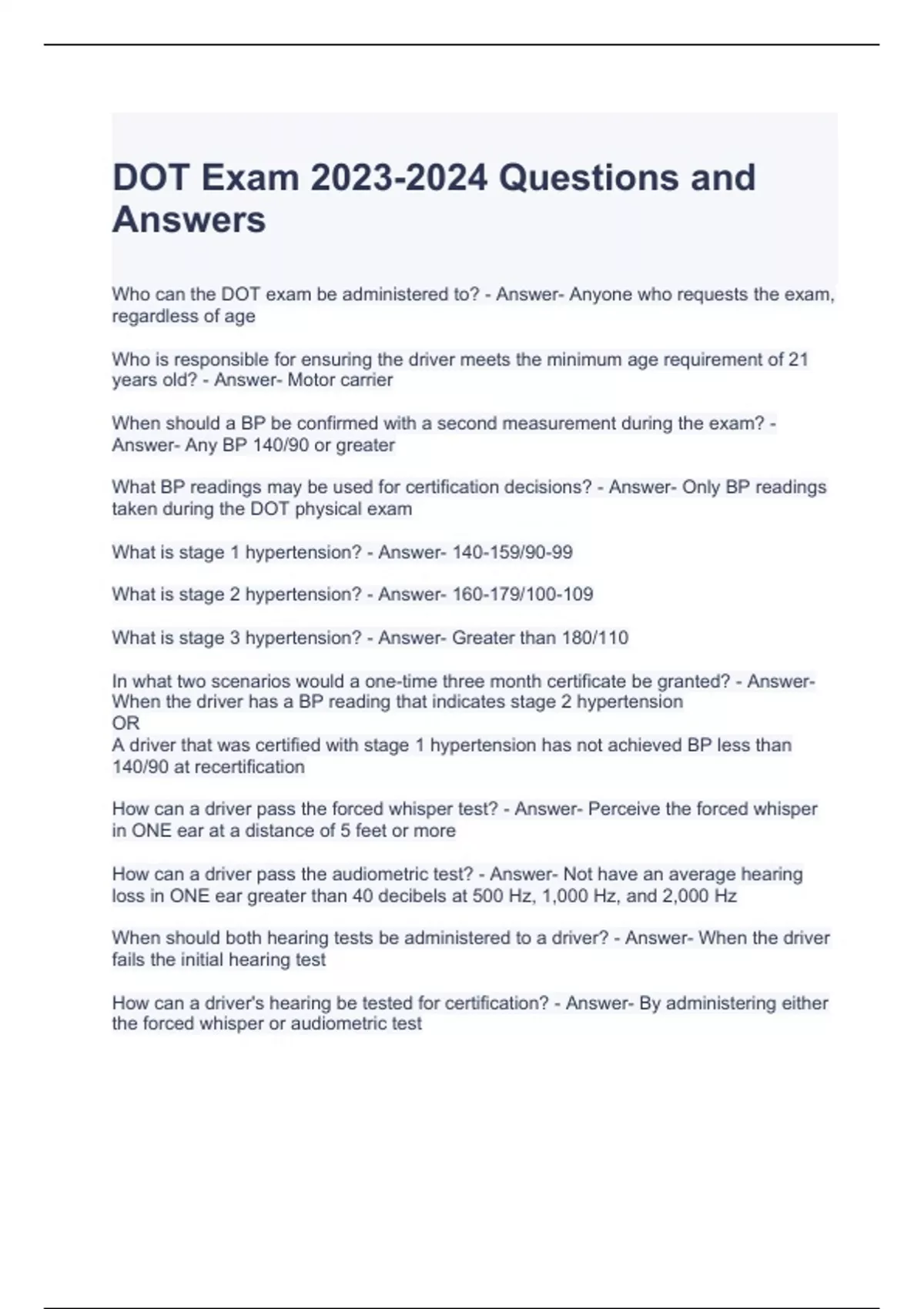 DOT Exam Questions and Answers - NRCME DOT - Stuvia US