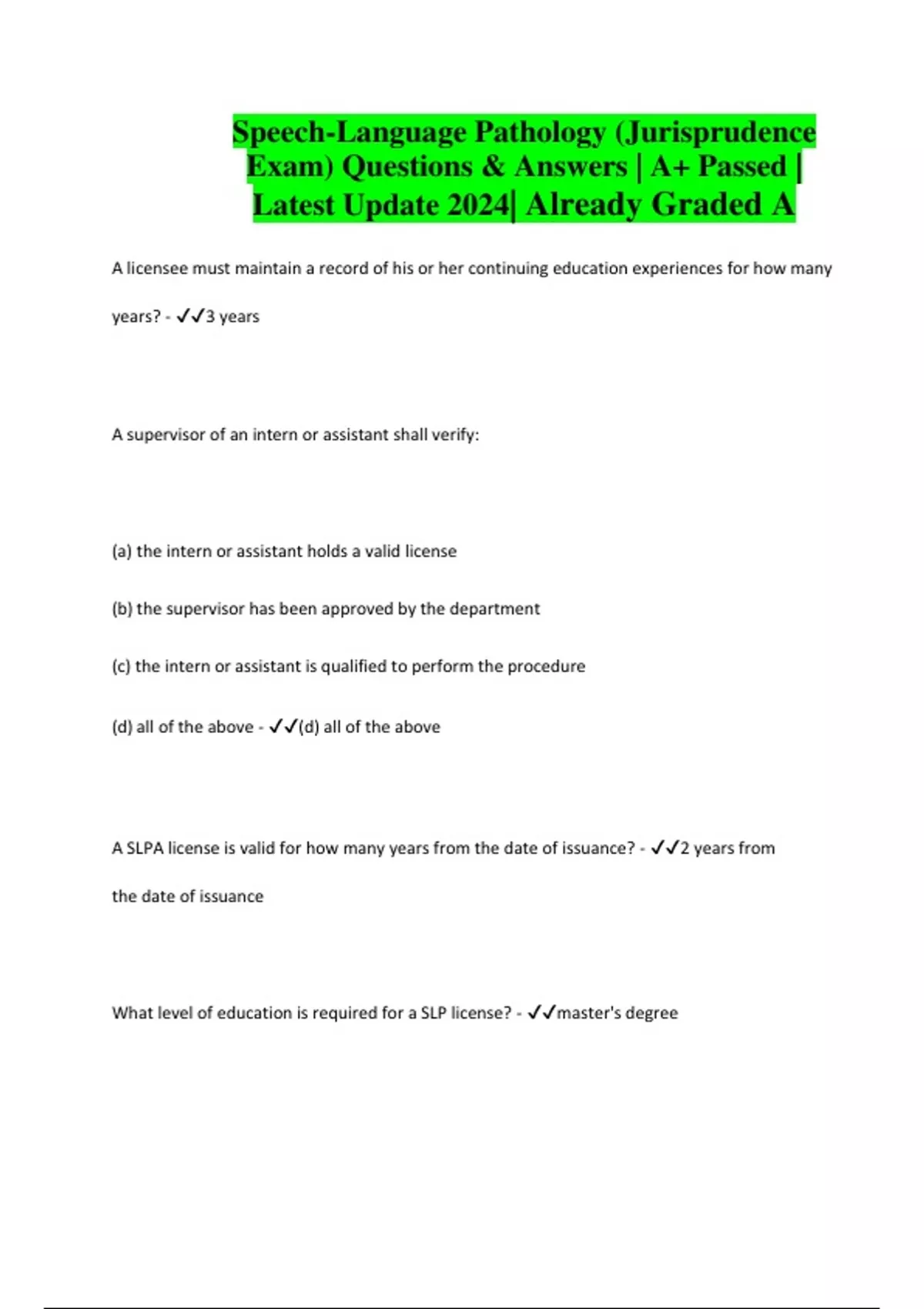 Speech-Language Pathology (Jurisprudence Exam) Questions & Answers | A+ ...