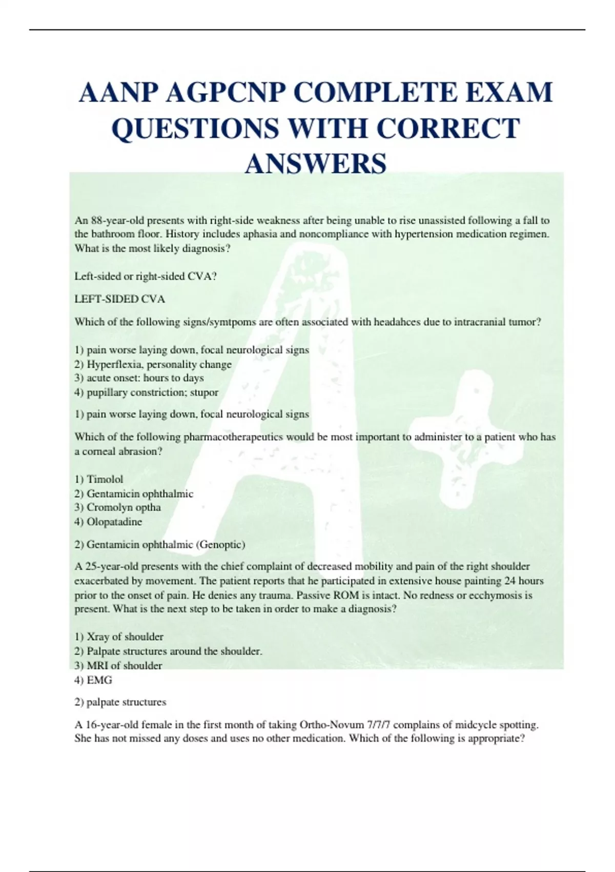 AANP AGPCNP COMPLETE EXAM QUESTIONS WITH CORRECT ANSWERS - AANP AGPCNP ...